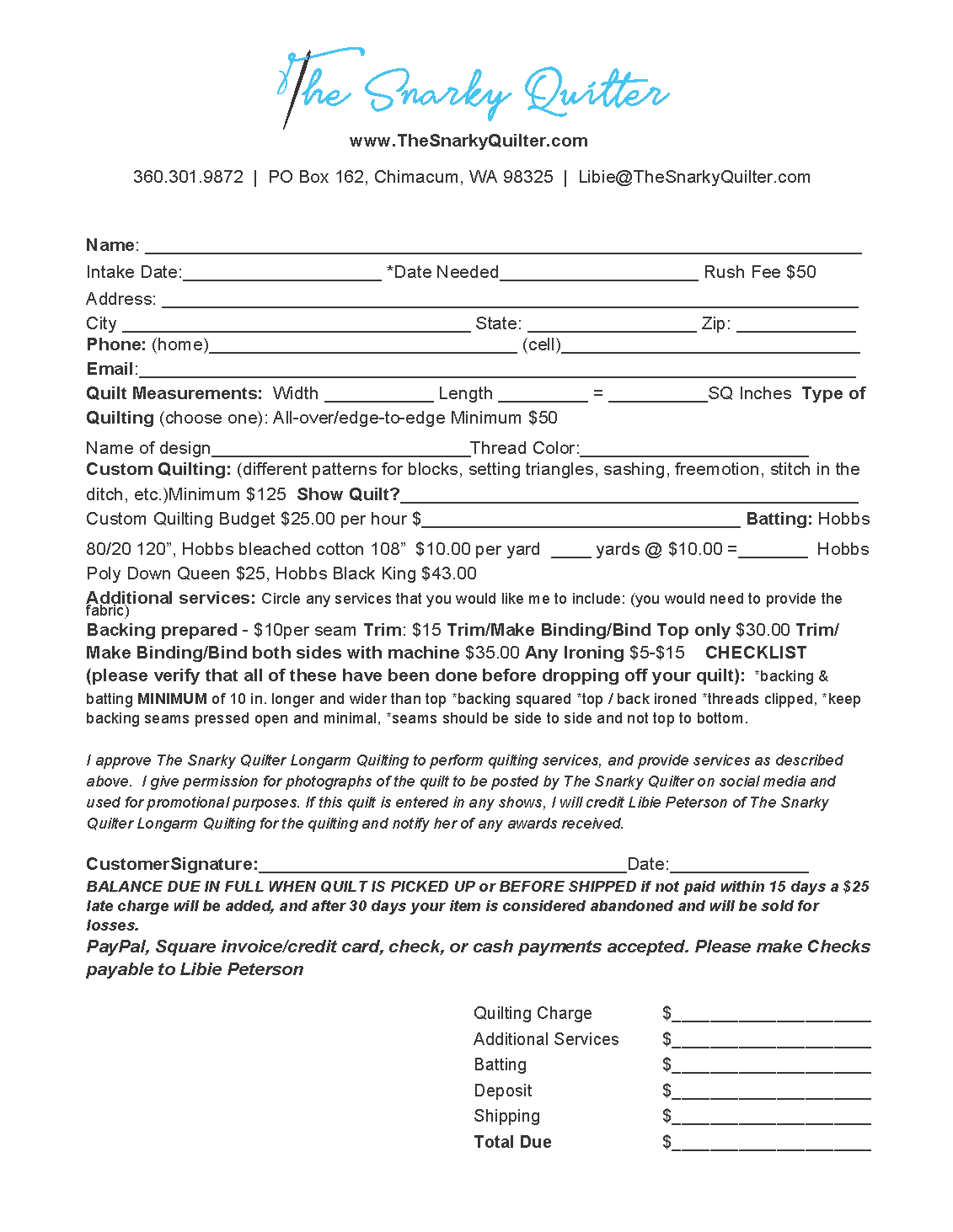 Intake Form for Longarm Quilting | The Snarky Quilter | WA