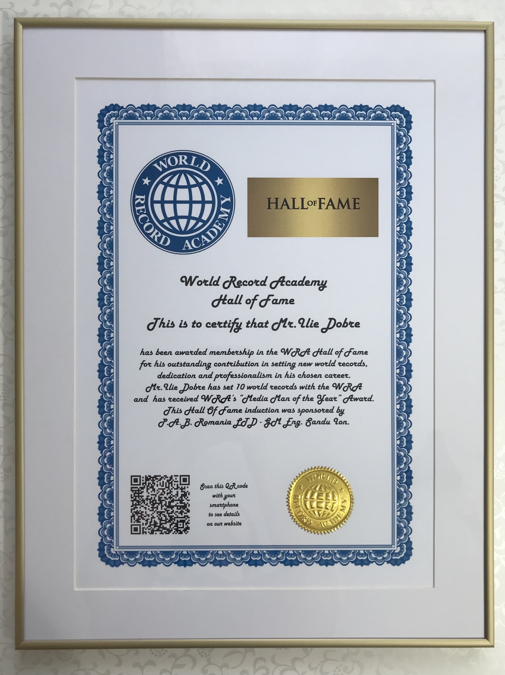 World Record Certificate from the World Record Academy