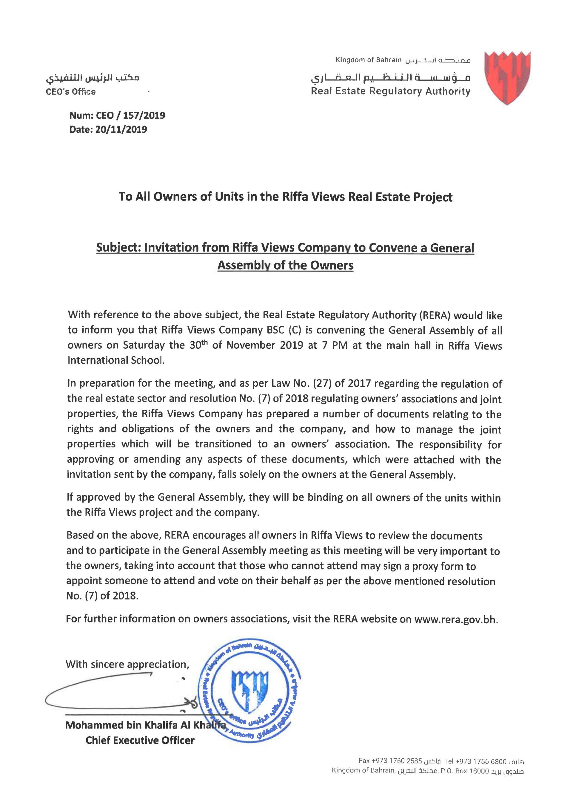 RERA calls on Riffa Views’ owners to participate in the RVOA’s General ...
