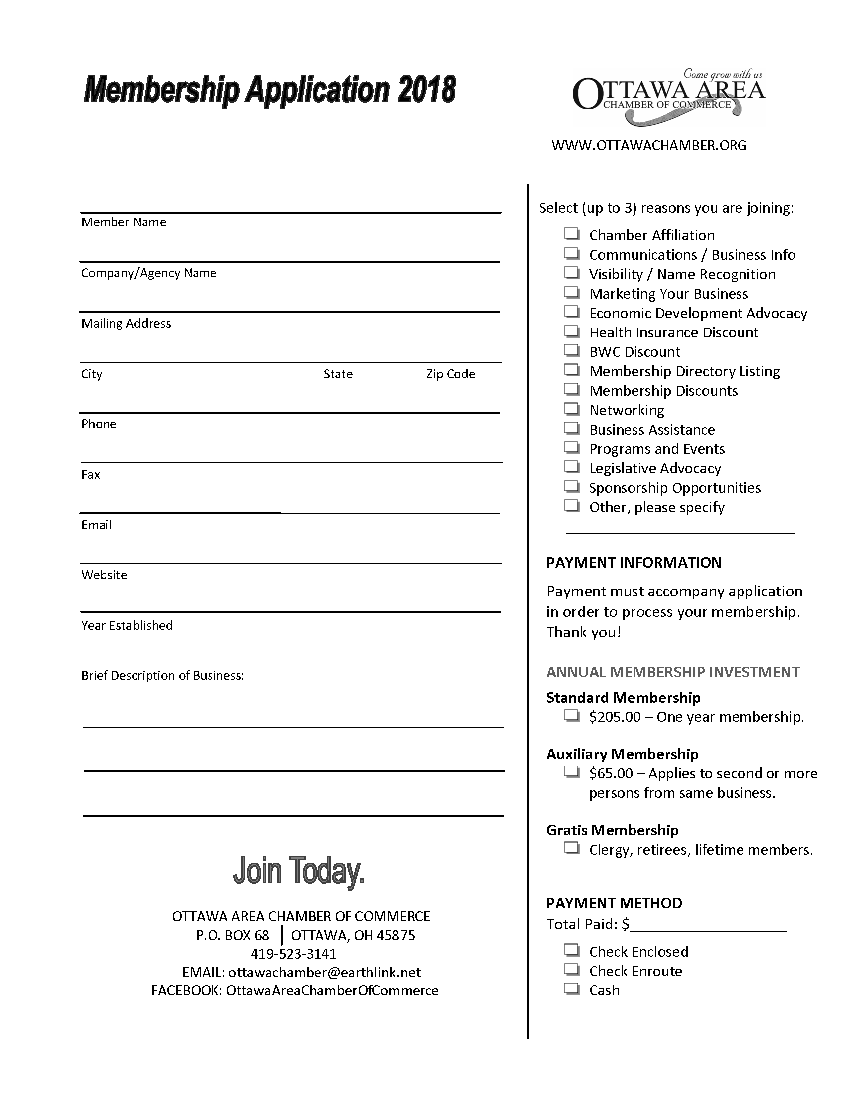 Join Ottawa Ohio Area Chamber of Commerce | Membership Application