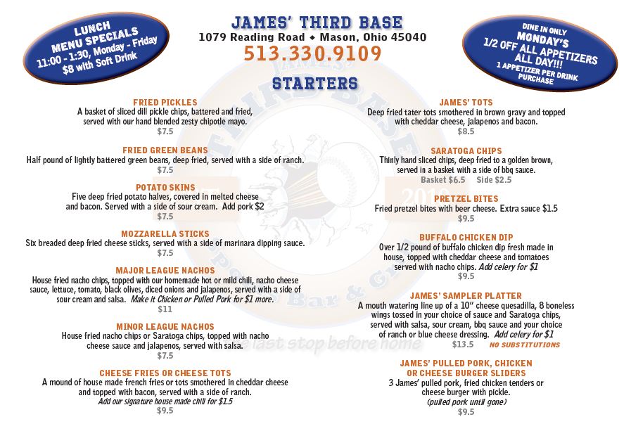 Lunch Menu | Mason, OH | James’ Third Base Sports Bar and Grill