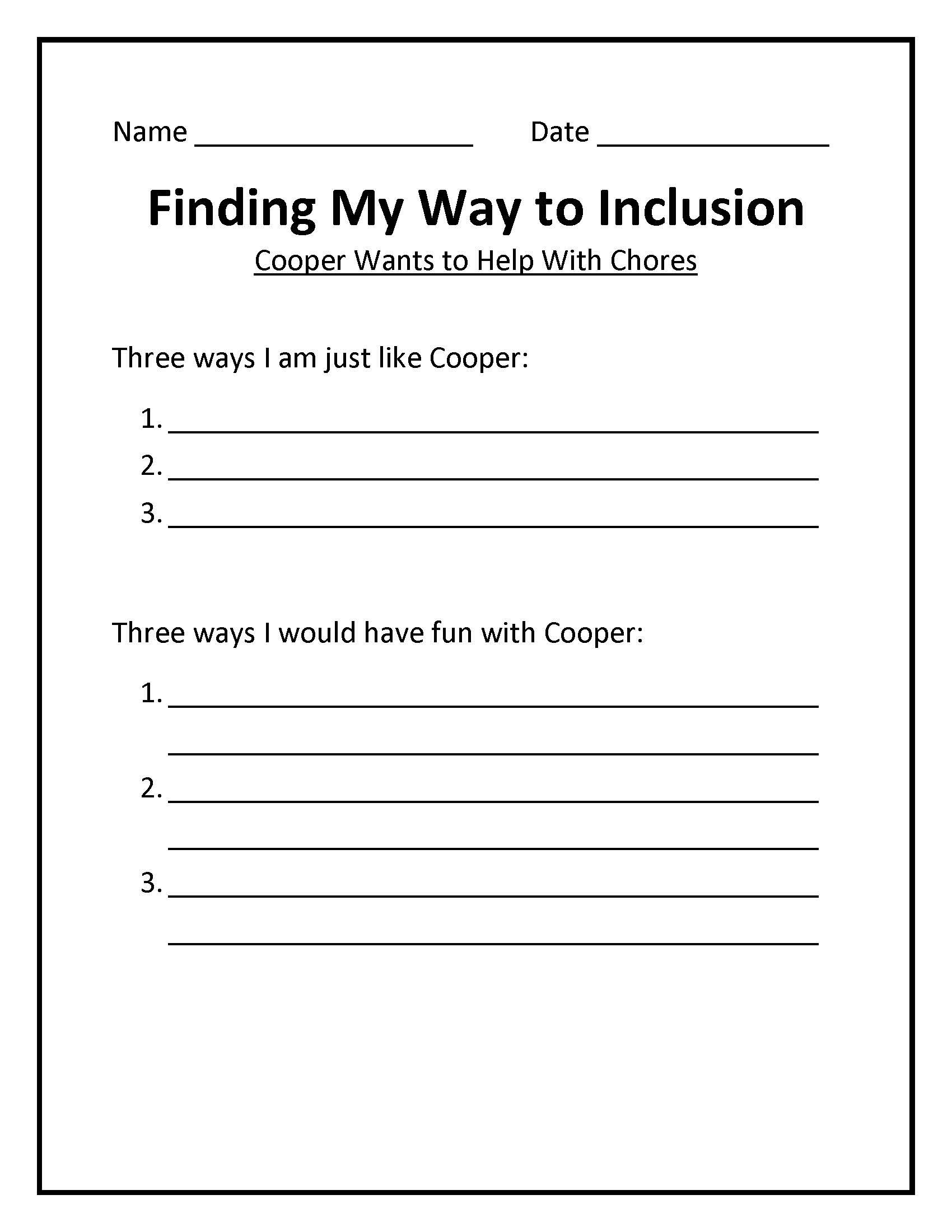 Inclusion Activity Pages for children for Finding My Way Books.