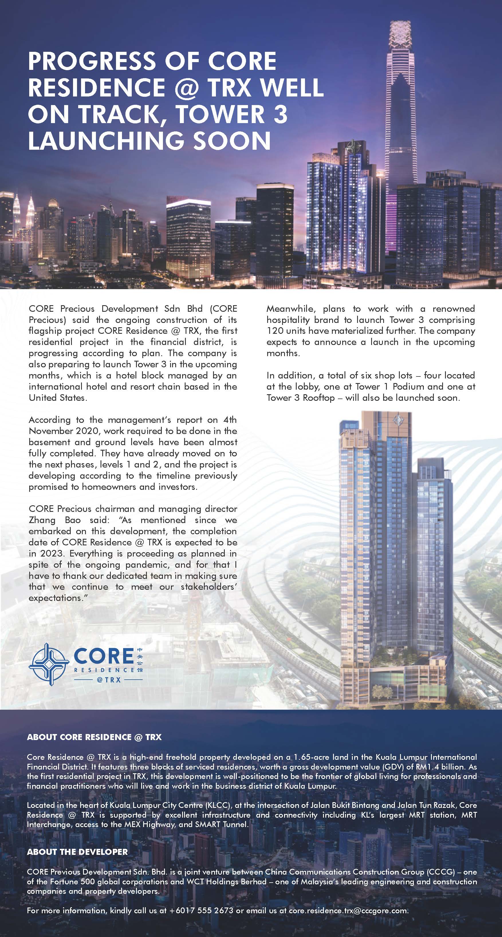 Progress of Core Residence @ TRX Well on Track, Tower 3 Launching Soon