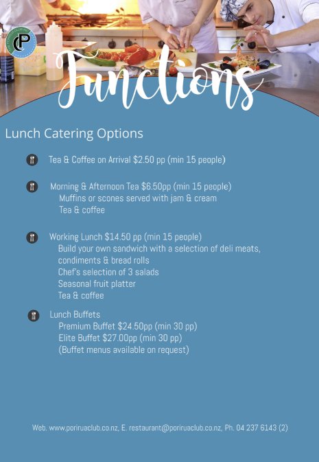 Function Room Menus at The Porirua Club