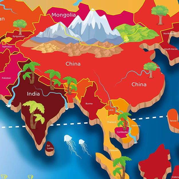 Colourful world map wall mural for primary school