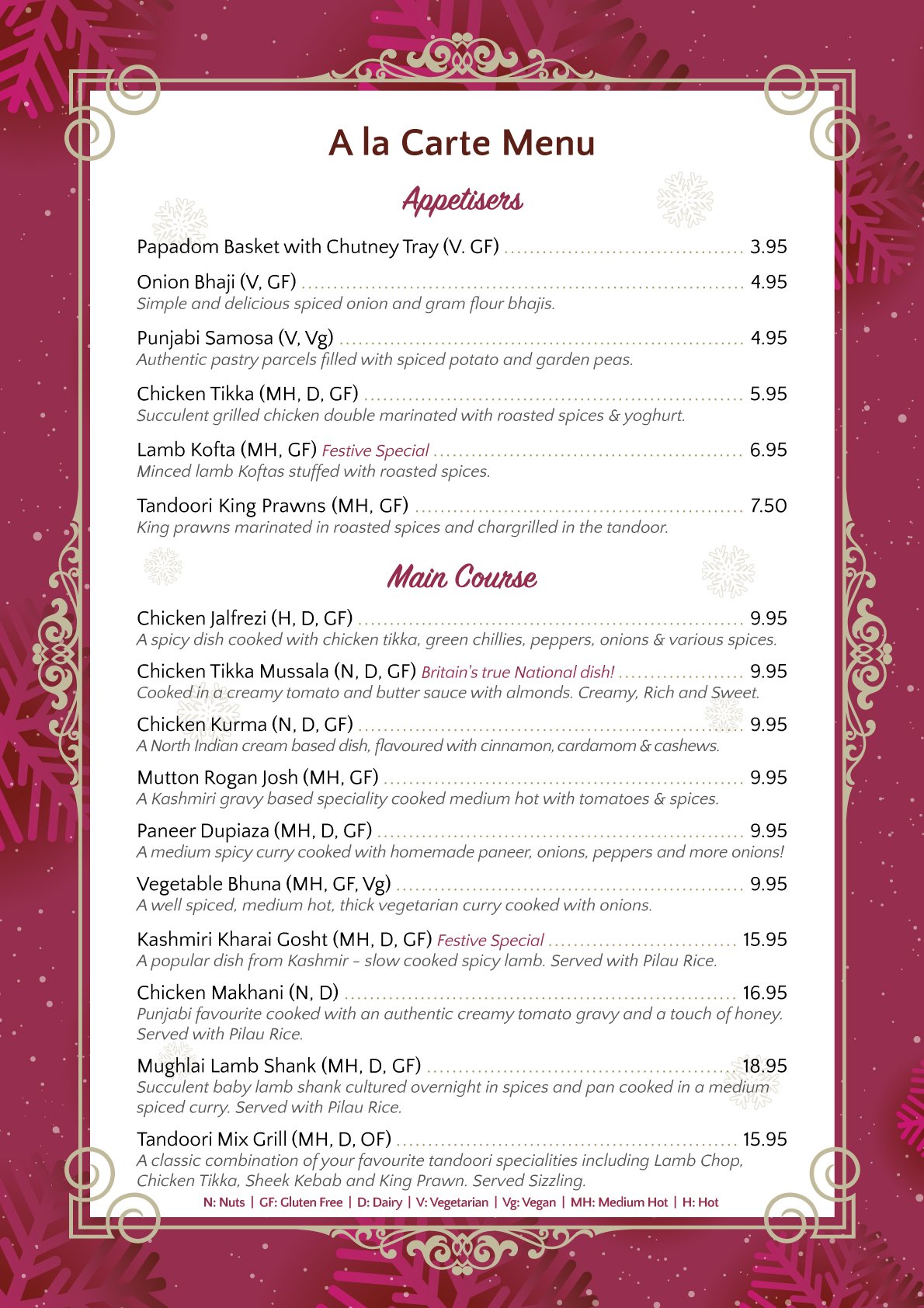 A La Carte Menu Tower Tandoori
