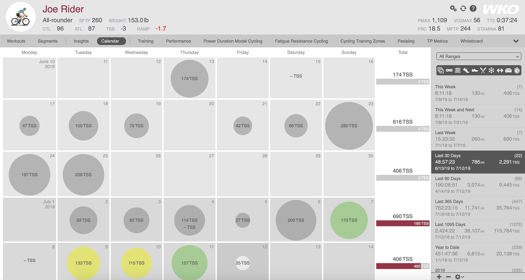 WKO Training Log Calendar