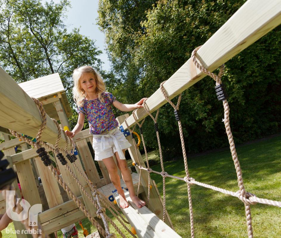 Blue Rabbit wooden climbing frame and play systems, swings and slides.