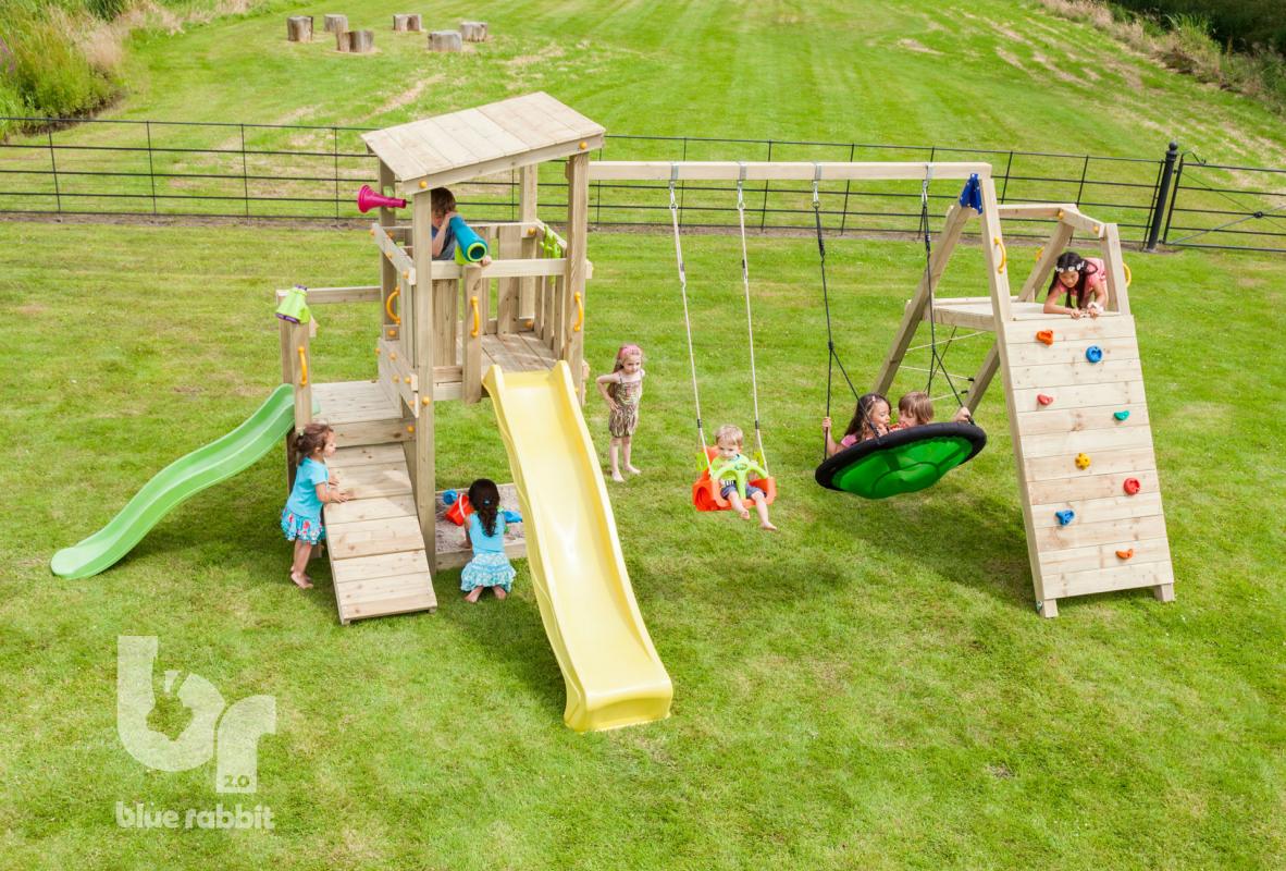 Blue Rabbit wooden climbing frame and play systems, swings and slides.