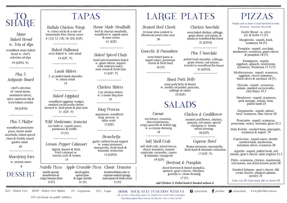 Beverage Menu | South Wharf | Plus 5 Bar