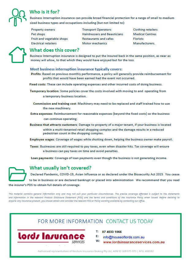 BUSINESS INTERRUPTION INSURANCE