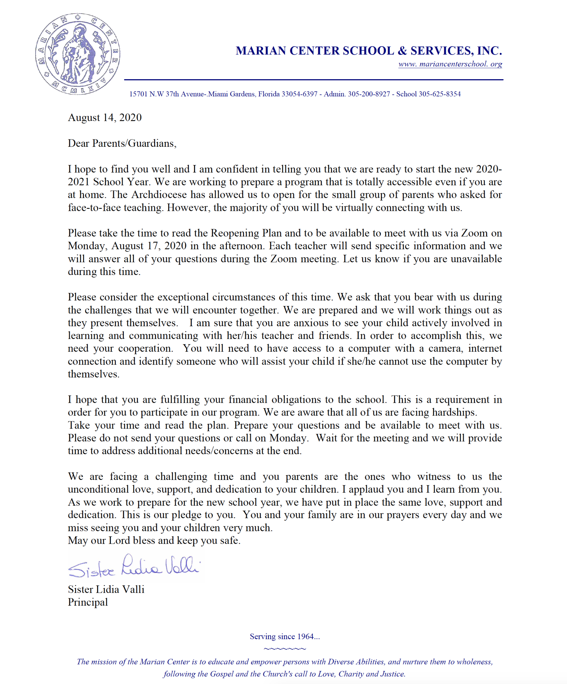 Marian Center New School Year 2020-2021