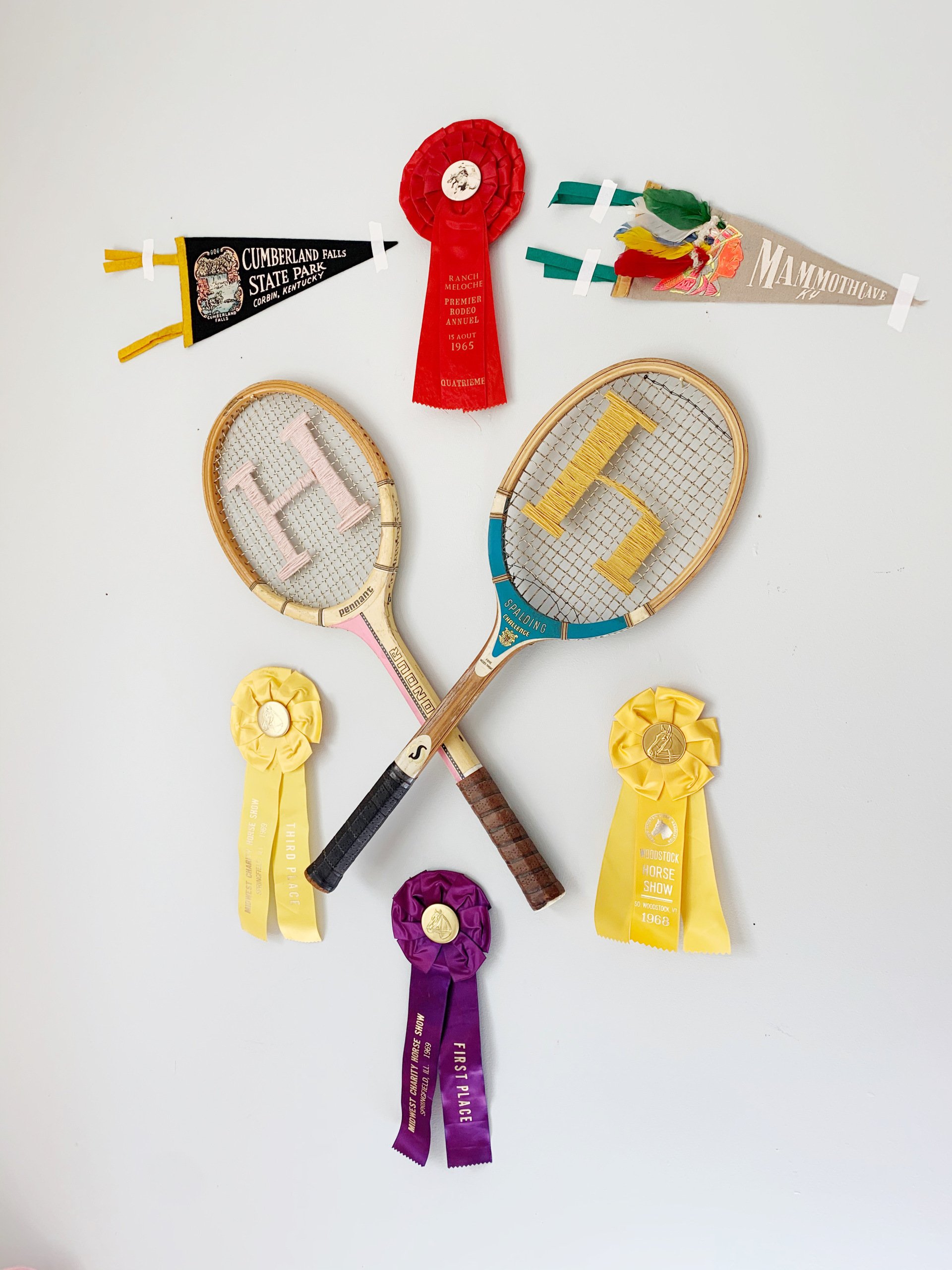 Vintage Wood Tennis Racket Cross Stitch Wall Decor