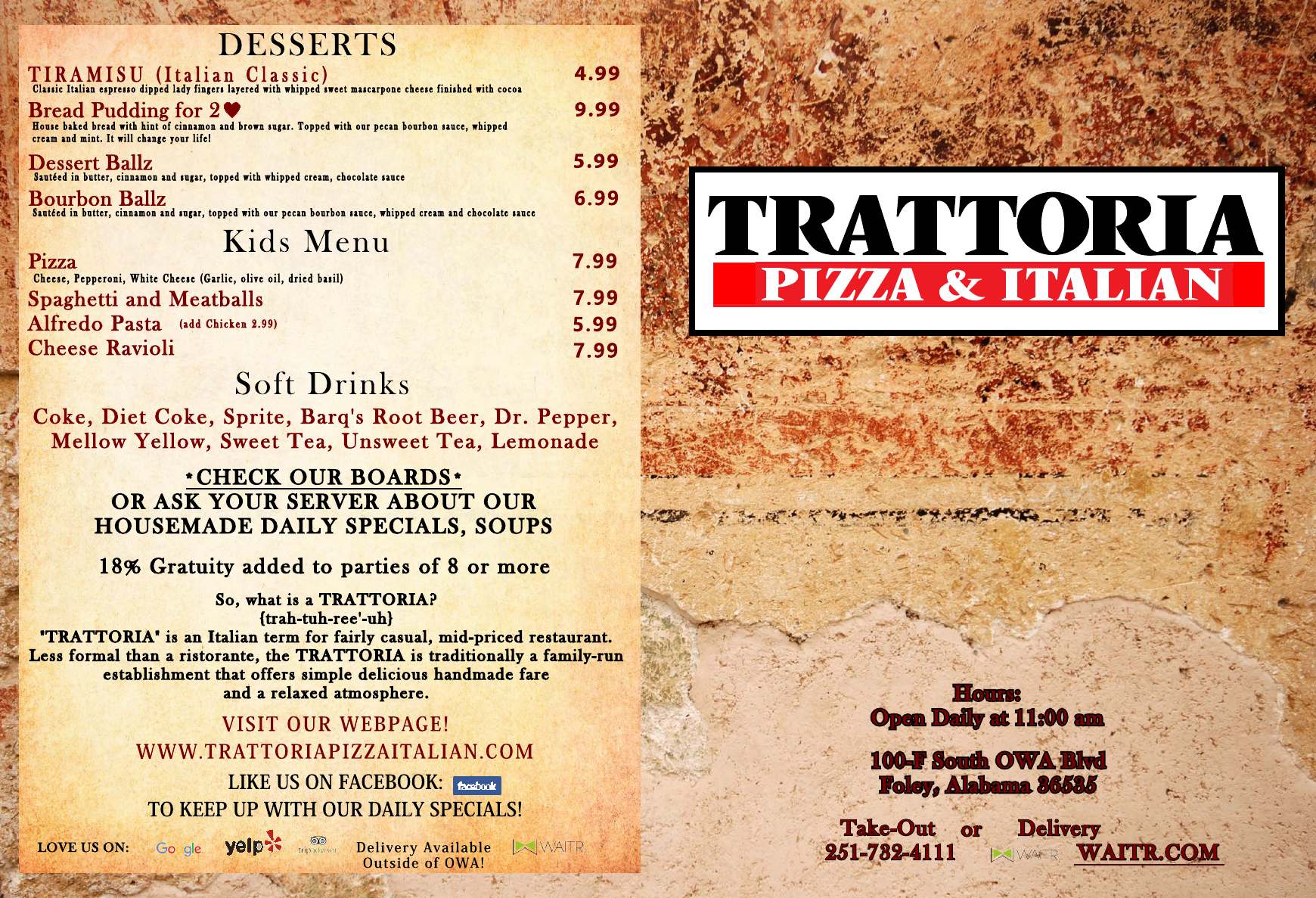 Our Menu | Baldwin County, Alabama | Trattoria Pizza & Italian