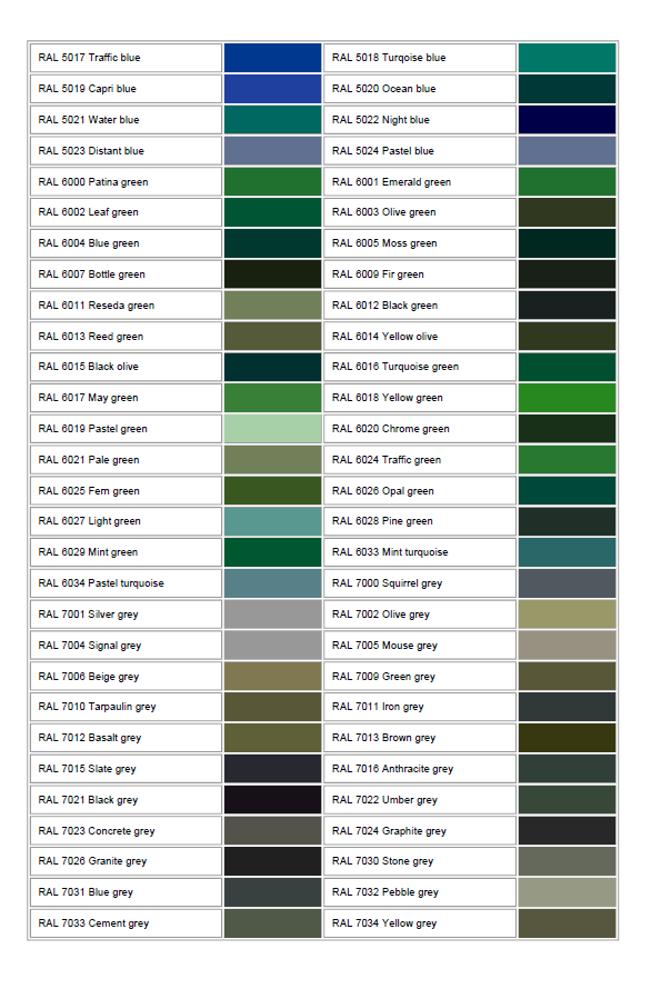 A1 Shutters & Doors | Colour Chart