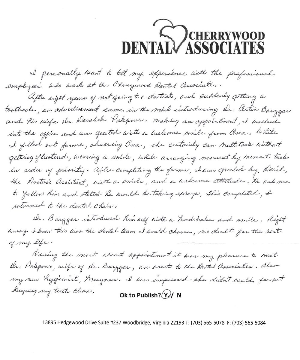 Patient Testimonials | Cherrywood Dental Associates