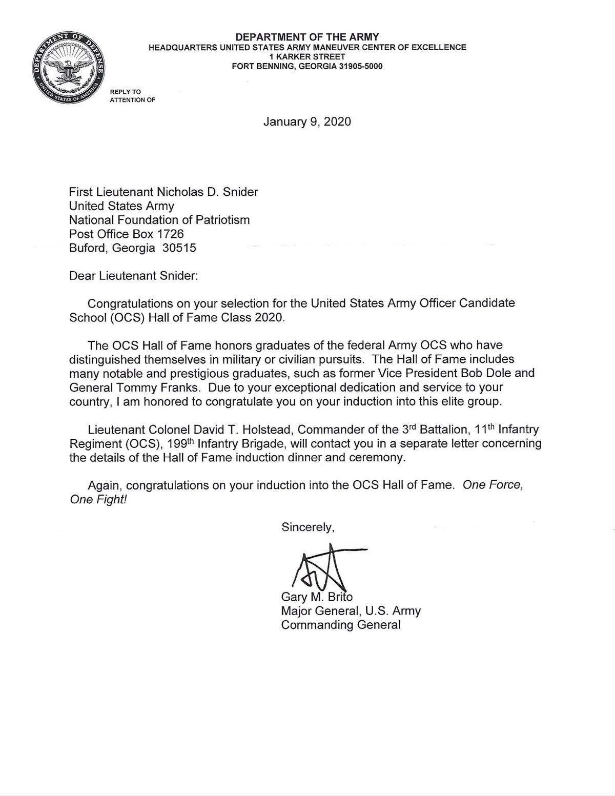 Officer Candidate School (OCS) Hall of Fame Induction Letter for ...