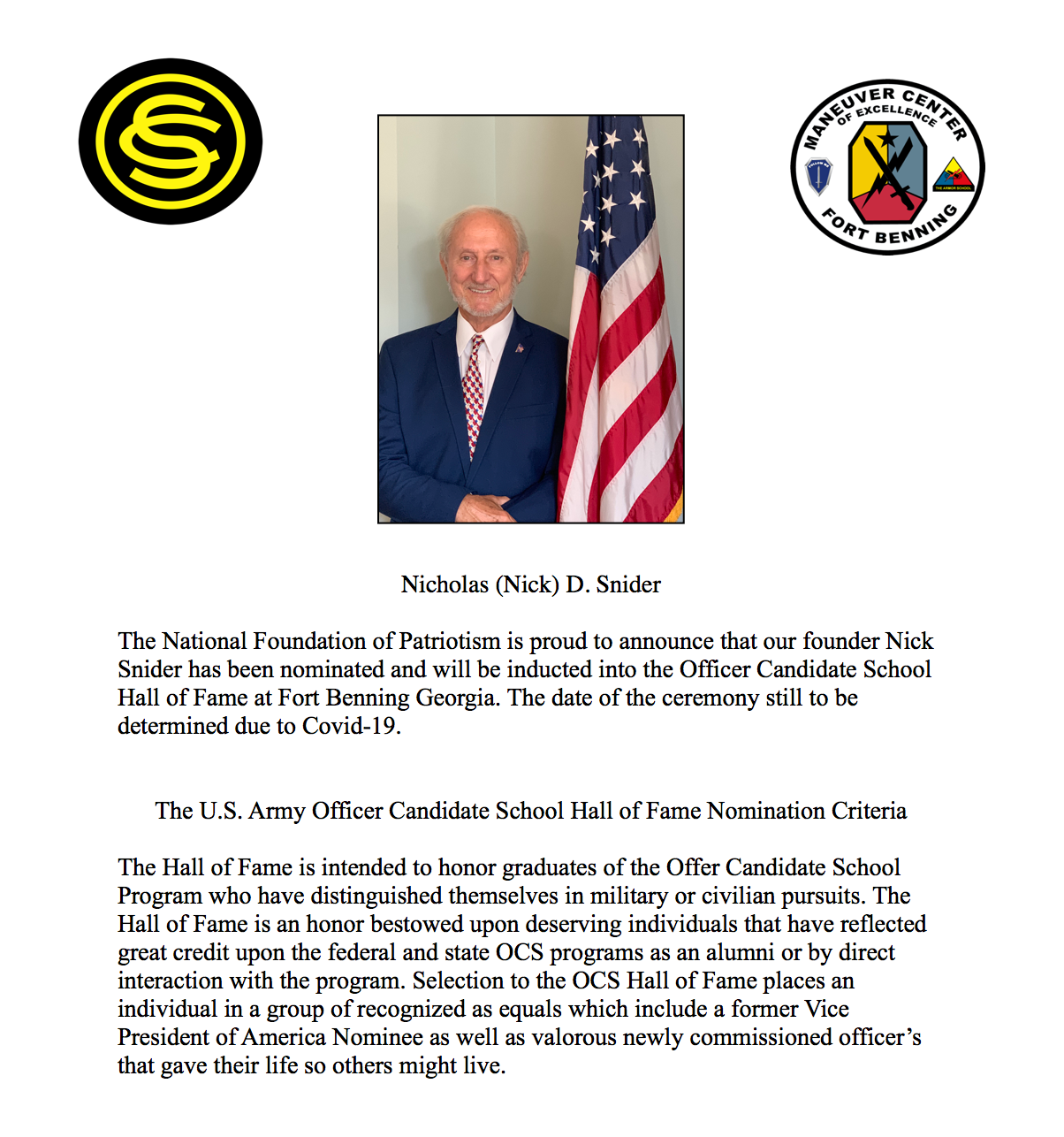 Officer Candidate School (OCS) Hall of Fame Induction Letter for ...