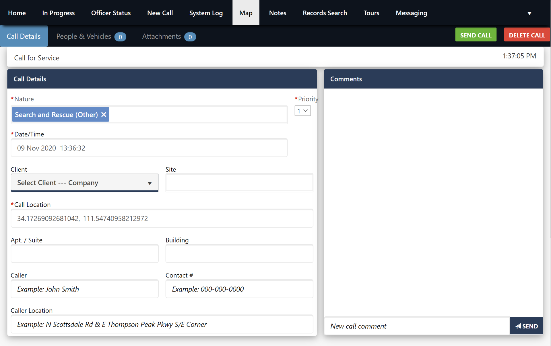 Create A New Call For Service From The Map