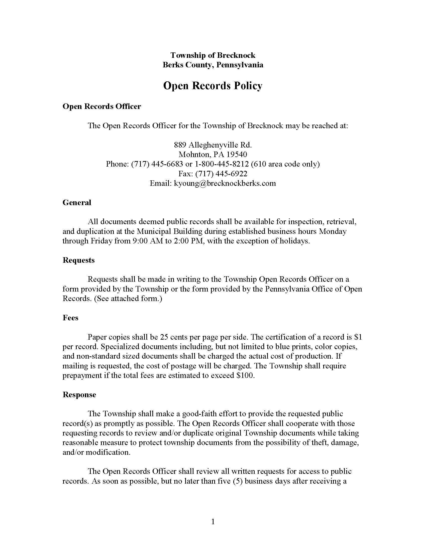 Right to Know | Brecknock Township Berks County