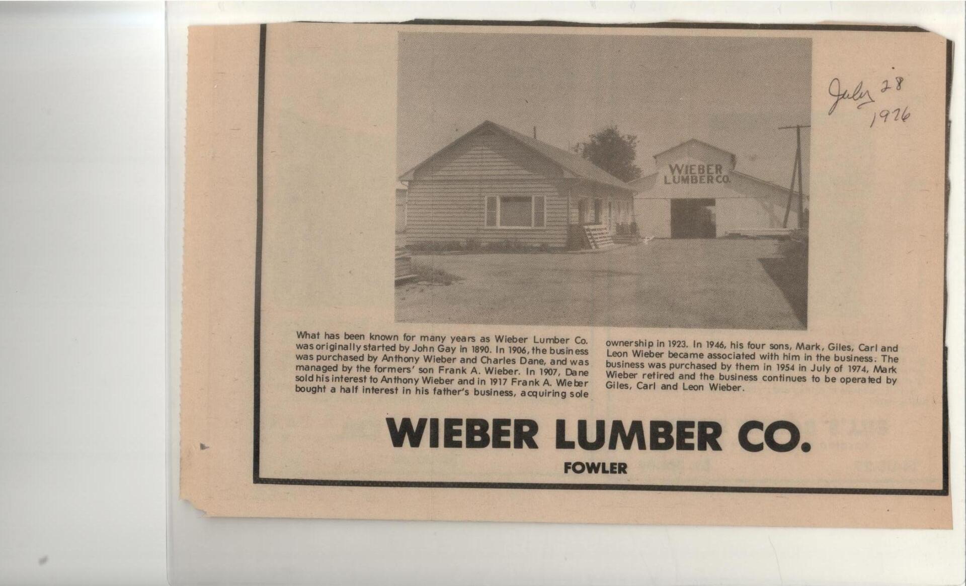 Historical Gallery | Wieber Lumber | Fowler Michigan