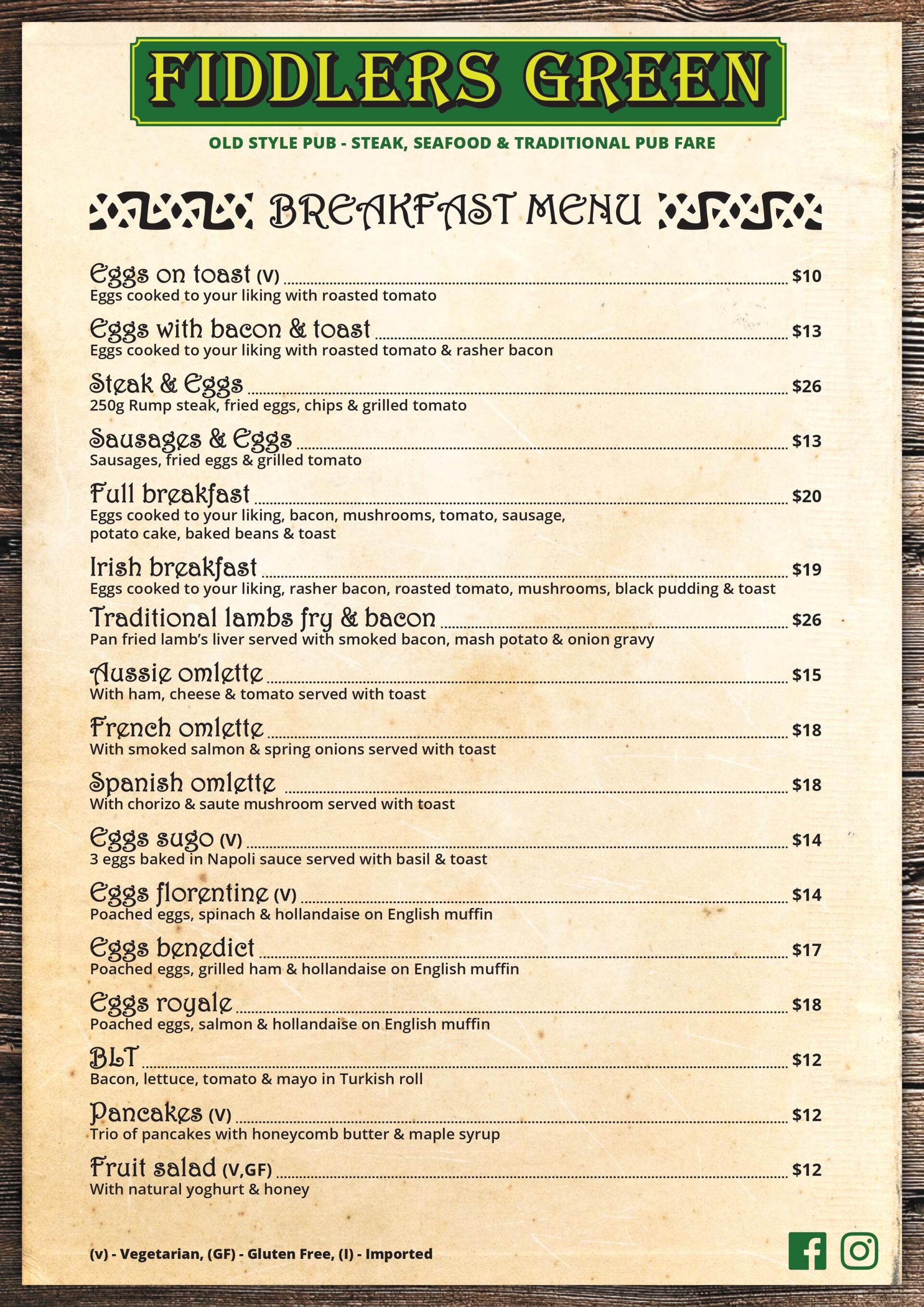Fiddler's Green - Darwin | Menus