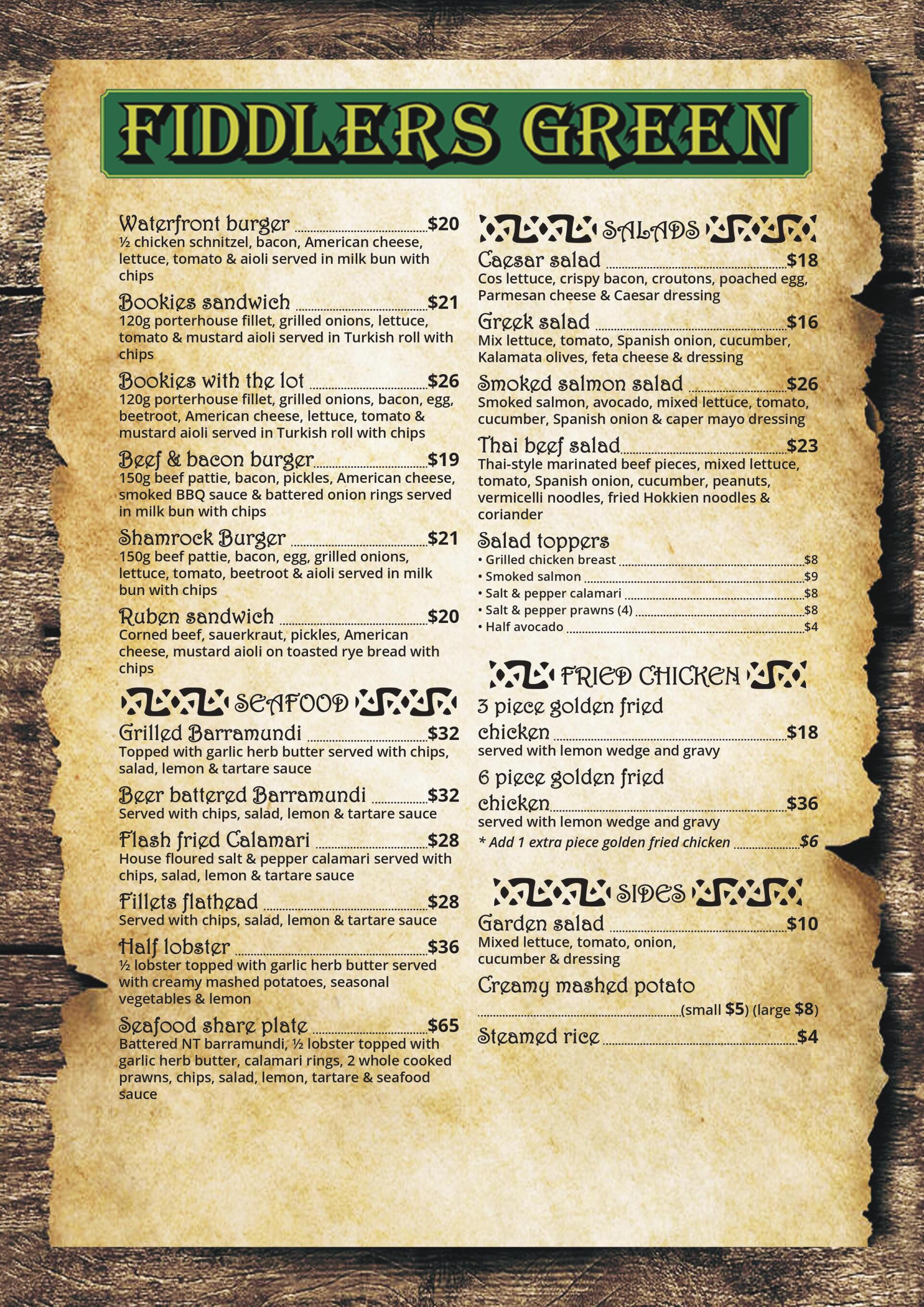 Fiddler's Green - Darwin | Menus
