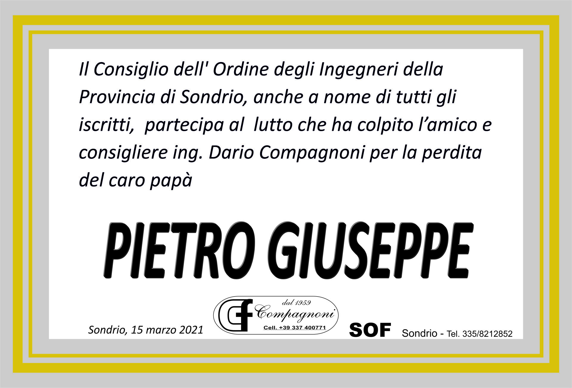 Lutto Pietro Giuseppe Compagnoni | Necrologi Bormio, Alta Valtellina