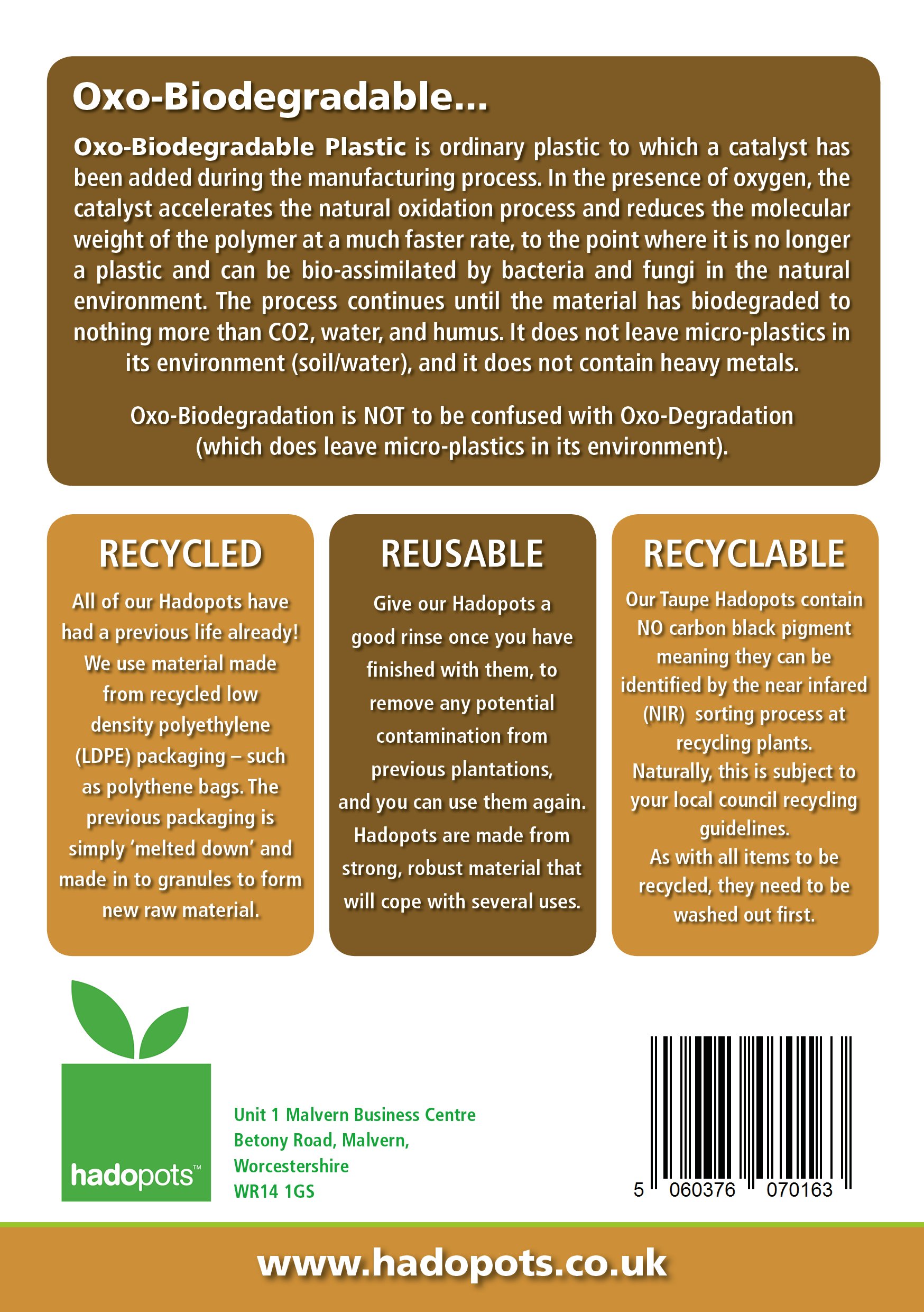 Polythene plant pots made from recycled polythene by Hadopots