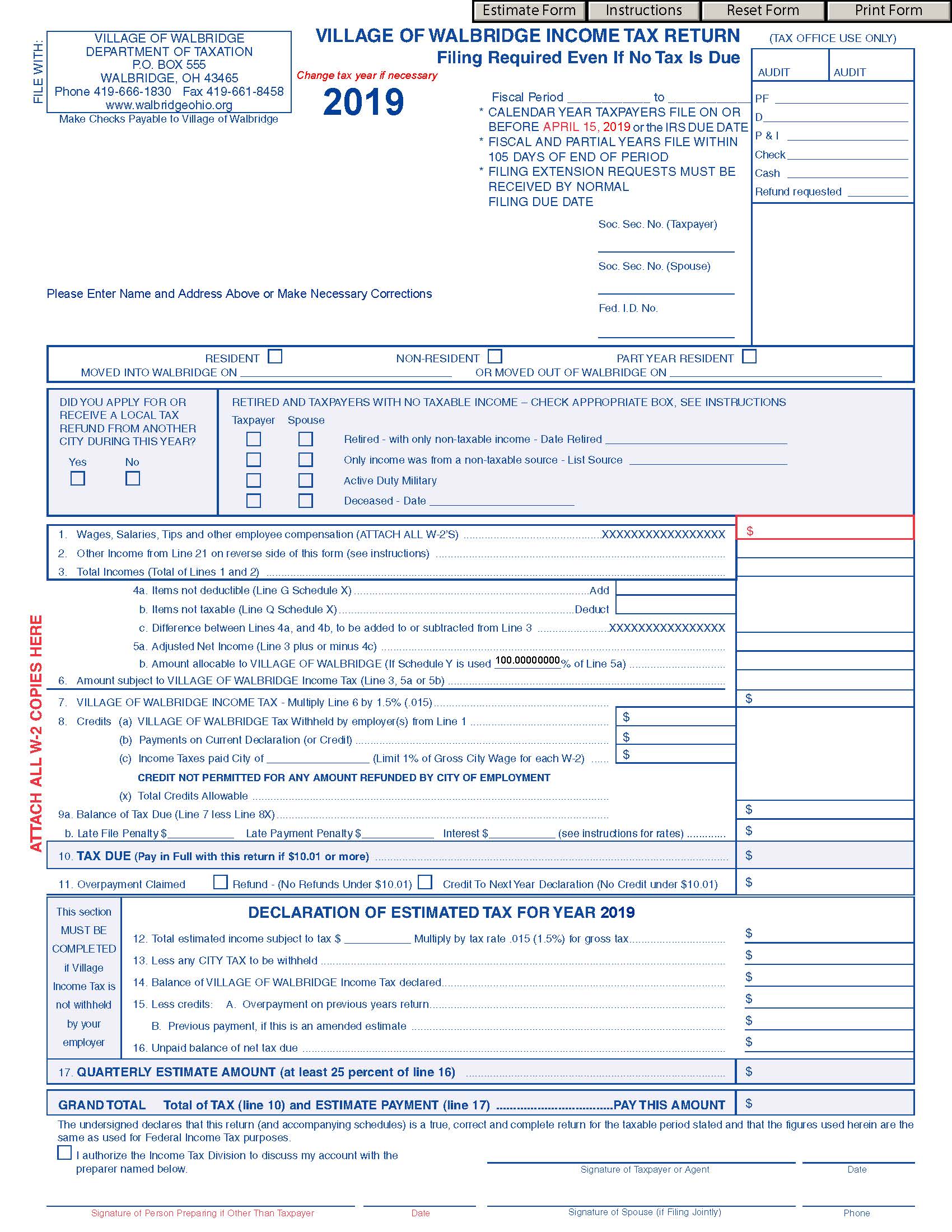 Village of Walbridge Ohio Tax Forms