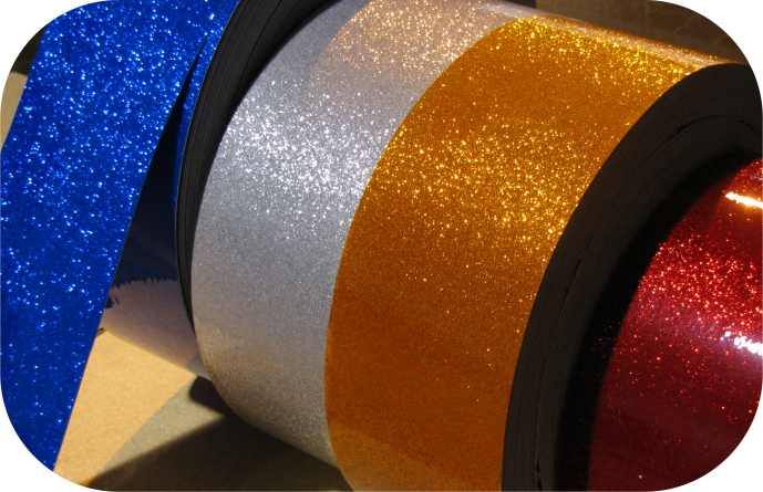 Glitter Vinyl: glitter particles on self-adhesive rolls and sheets