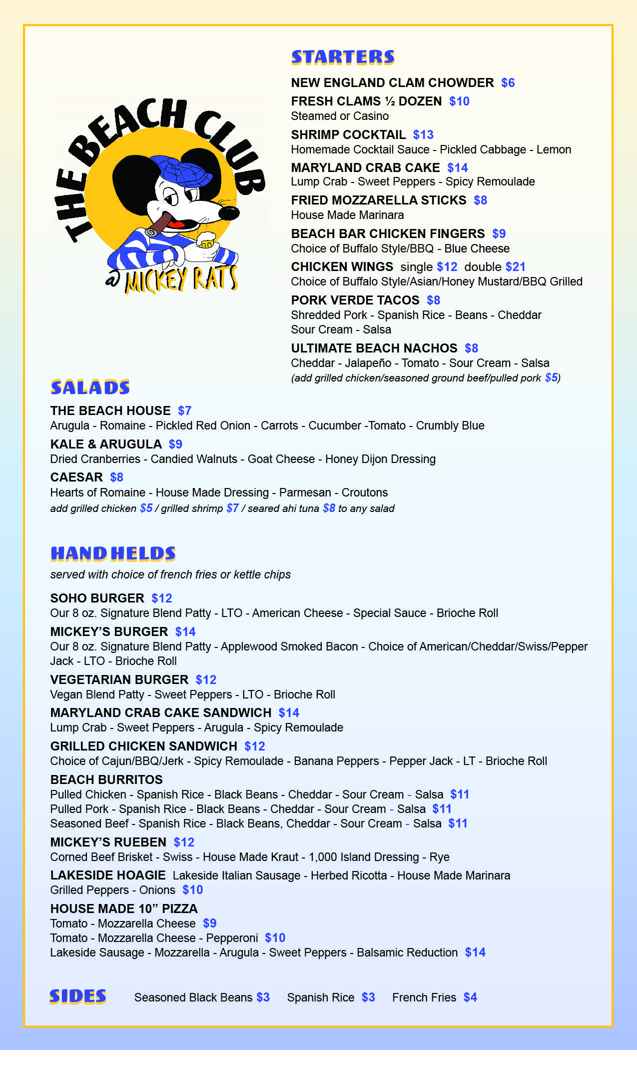 The Beach Club at Mickey Rats - Angola, NY - Menu