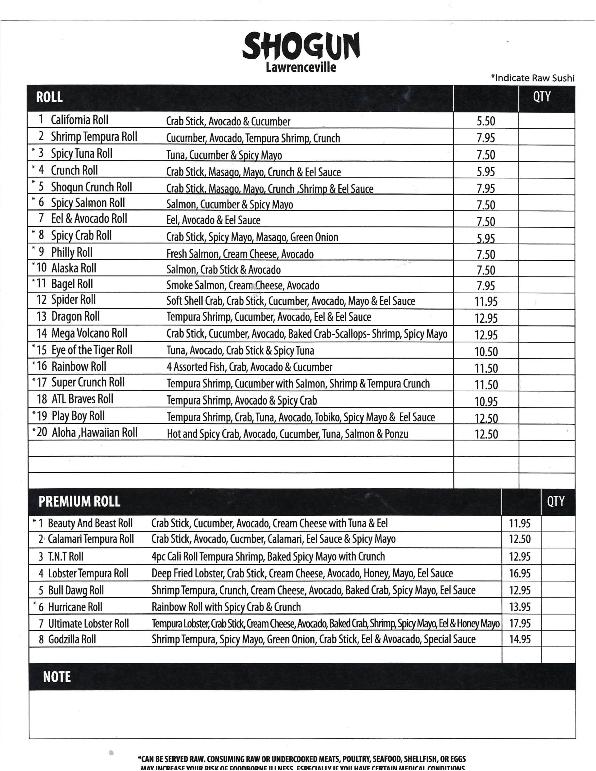 Shogun Lawrenceville ga lunch menu