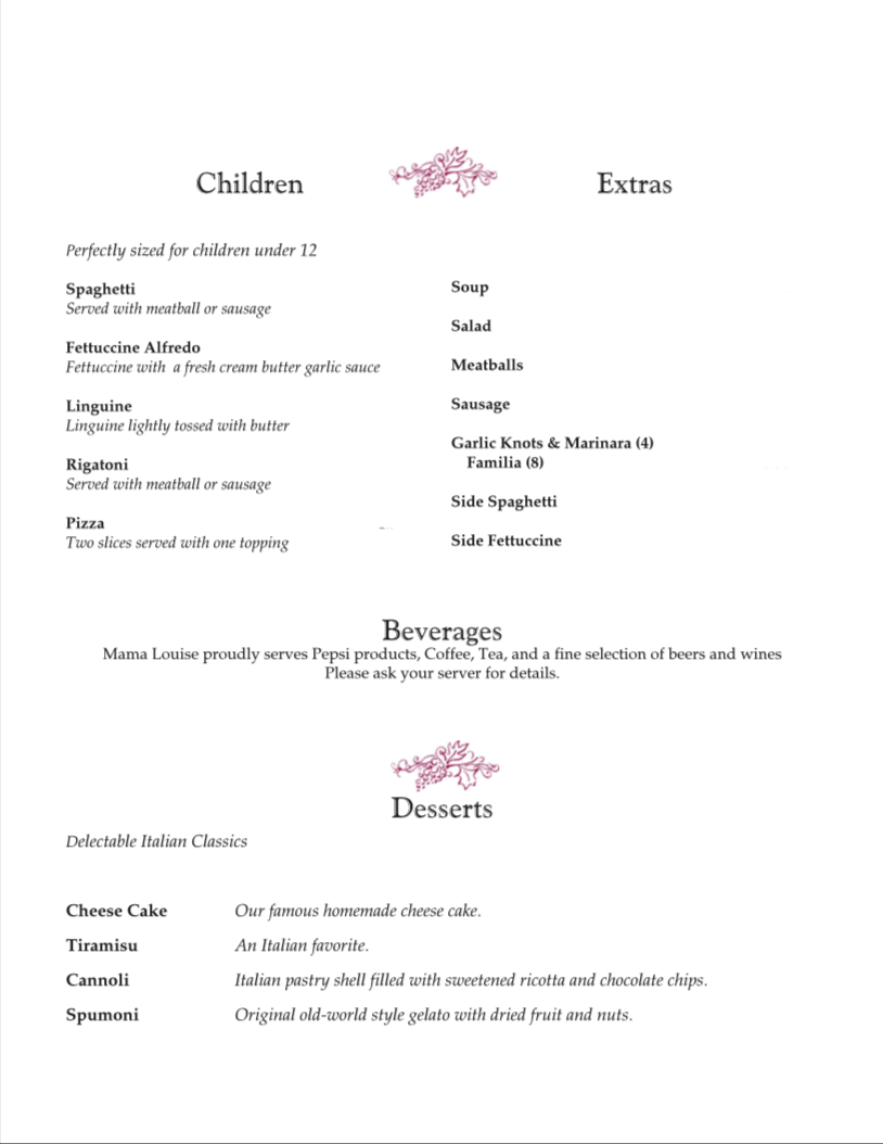 Mama Louise Dinner Menu